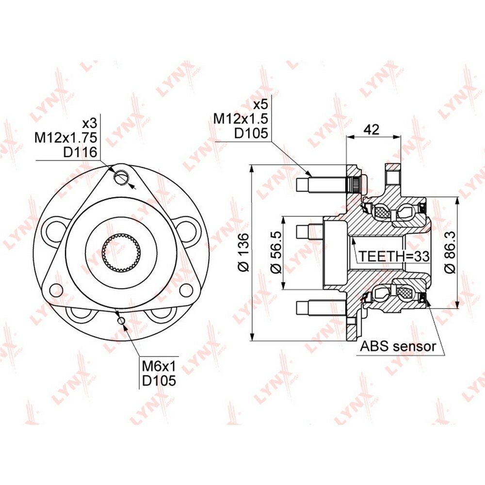 Ступица передняя в сборе (с abs, ? 136 мм ) chevrolet cruze 1.6-2.0d 09>, opel astra j 1.3d-1. lynxauto wh-1100