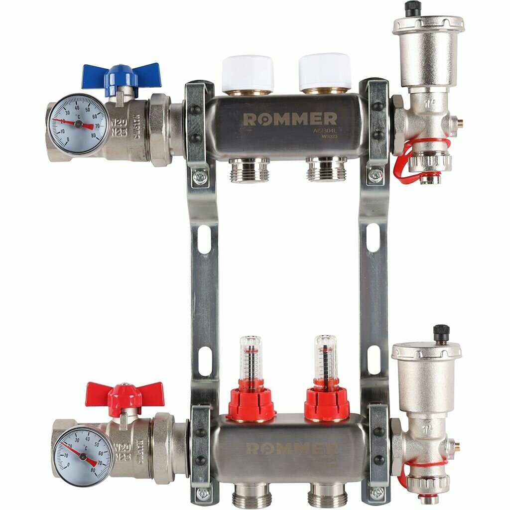 Коллектор для теплого пола ROMMER RMS-1210-000002 из нержавеющей стали в сборе с расходомерами 2 вых.