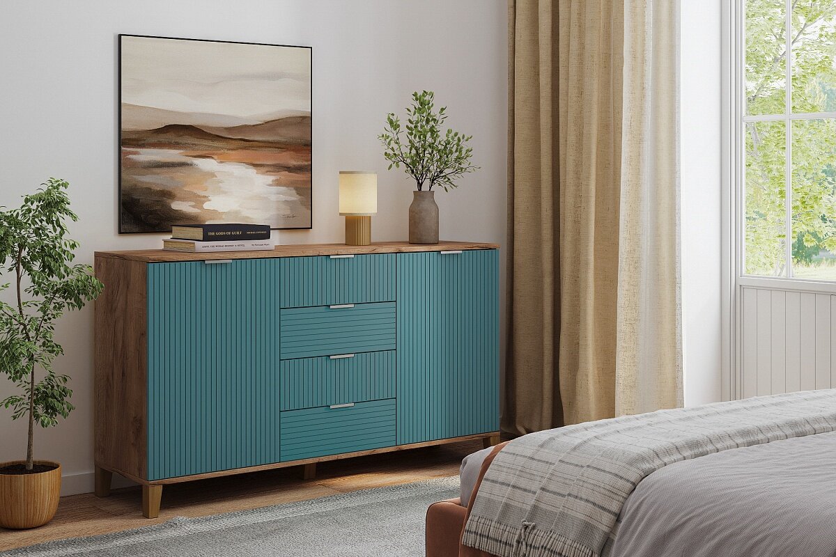 Комод МебельЛэнд24 Марвин 25 фрезеровка 8 Аквамарин 140x40x80 синий двухдверный с 4 ящиками