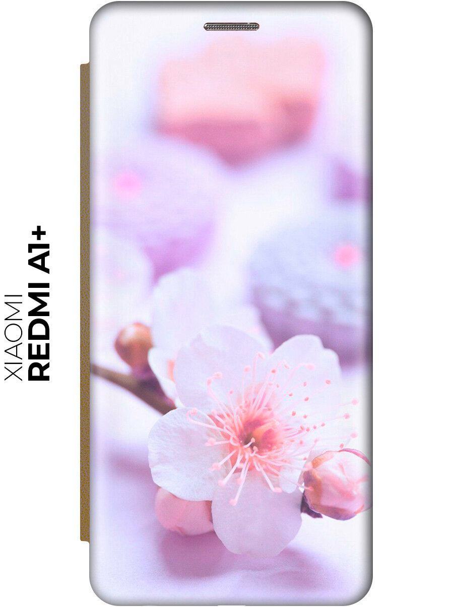 Чехол-книжка на Xiaomi Redmi A1+ / A2+ / Poco C50 / C51 / Сяоми Редми А1 Плюс / А2 Плюс / Поко С50 / С51 с рисунком "Цветок вишни" золотистый