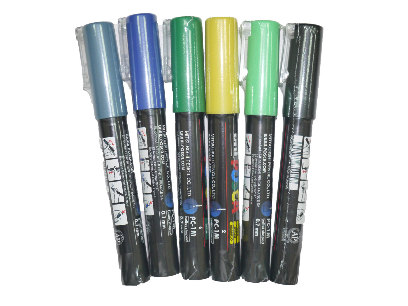 Маркер Uni POSCA PC-1M 6 цветов (сине-серый, салатовый, зелёный, жёлтый, синий, чёрный)