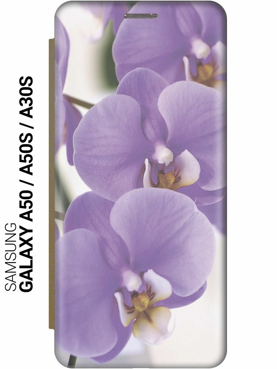 Чехол-книжка на Samsung Galaxy A50, A50s, A30s, Самсунг А50, А30с, А50с с 3D принтом "Сиреневые орхидеи" золотой