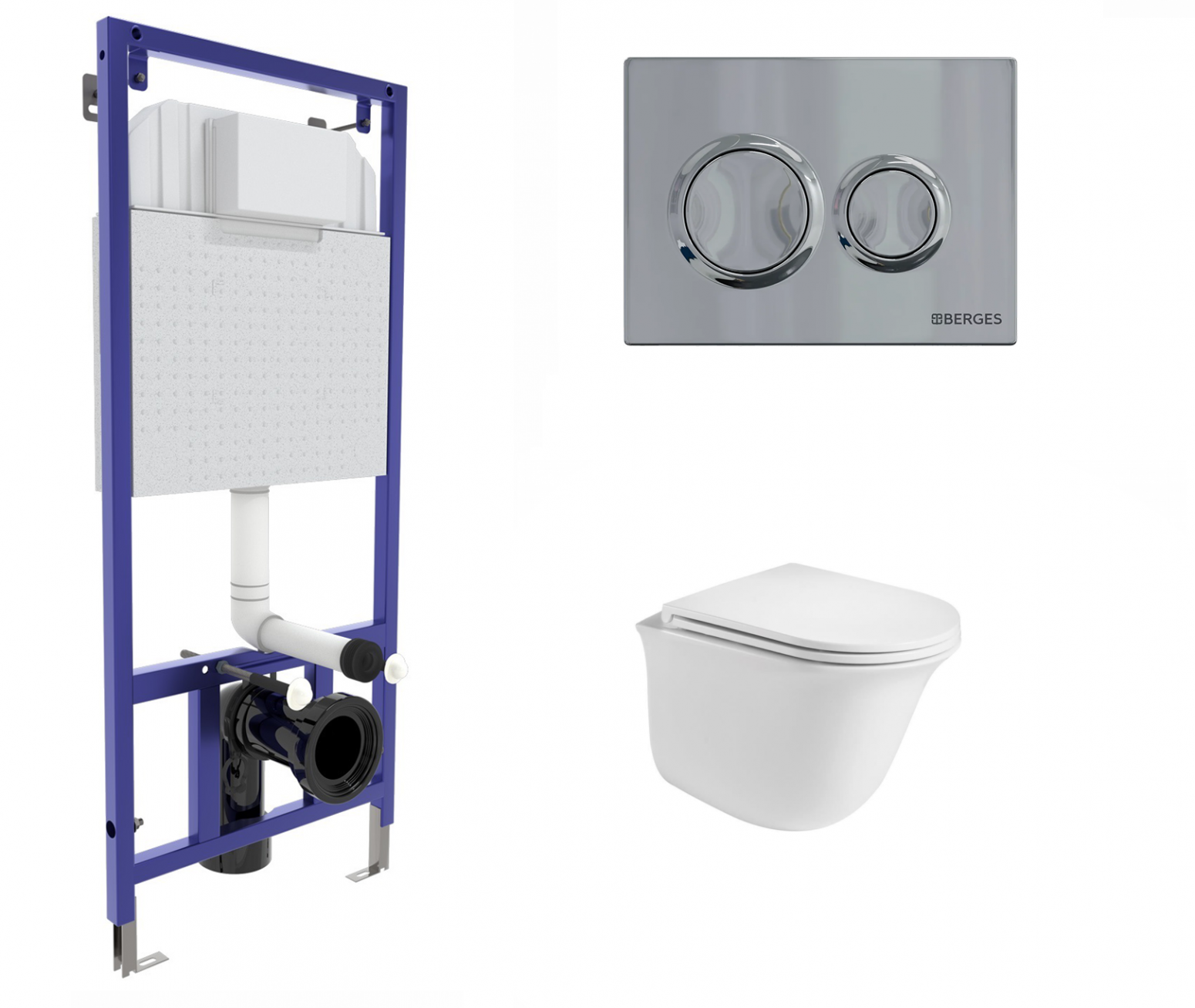 Комплект 3 в 1 инсталляция Berges Novum O3 + Подвесной унитаз WeltWasser Telbach 004 GL-WT с кнопкой глянцевой хром