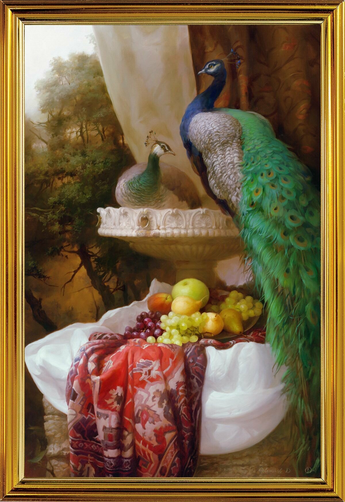 Картина "Павлины", 30х20 см, художник - Севрюков Д, оформлена в багет, СД10-30х20
