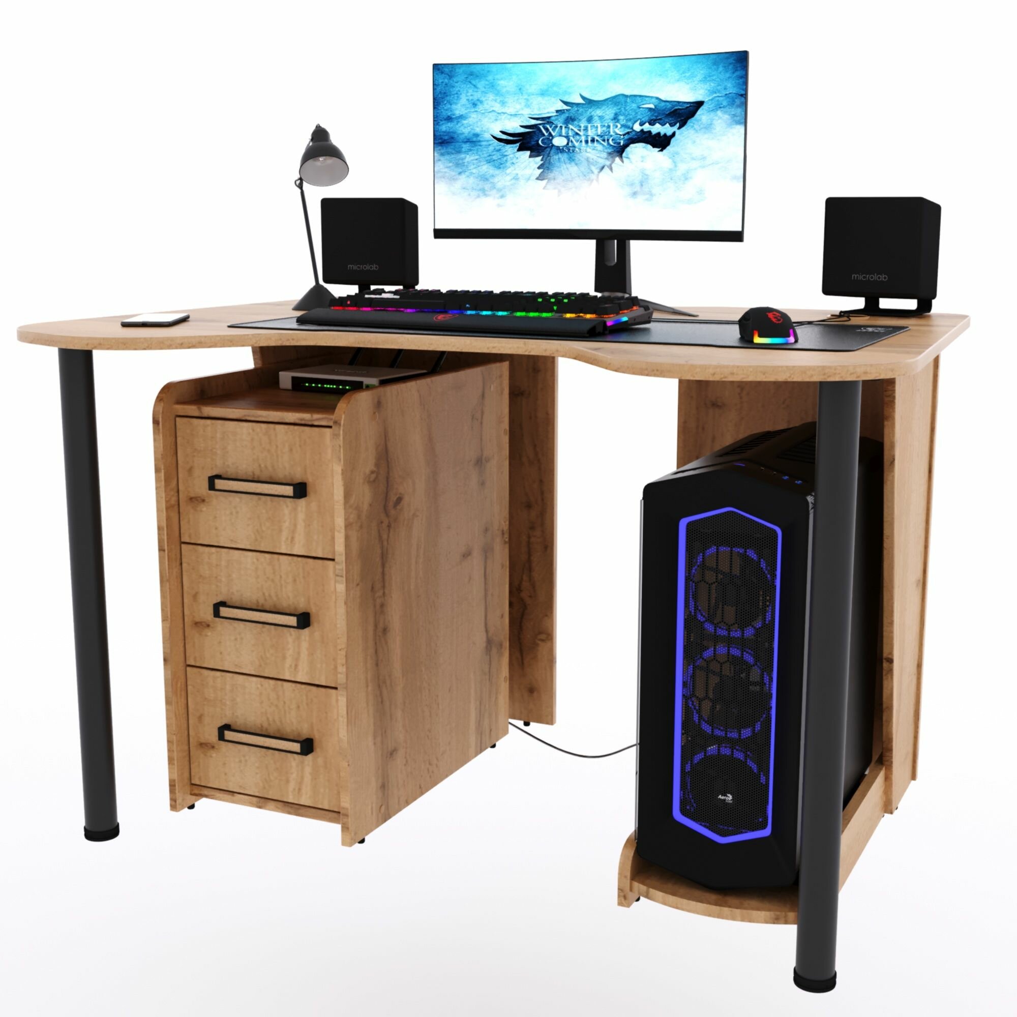 Игровой компьютерный стол "Старк" с тумбой, 140x90x75 см, дуб вотан