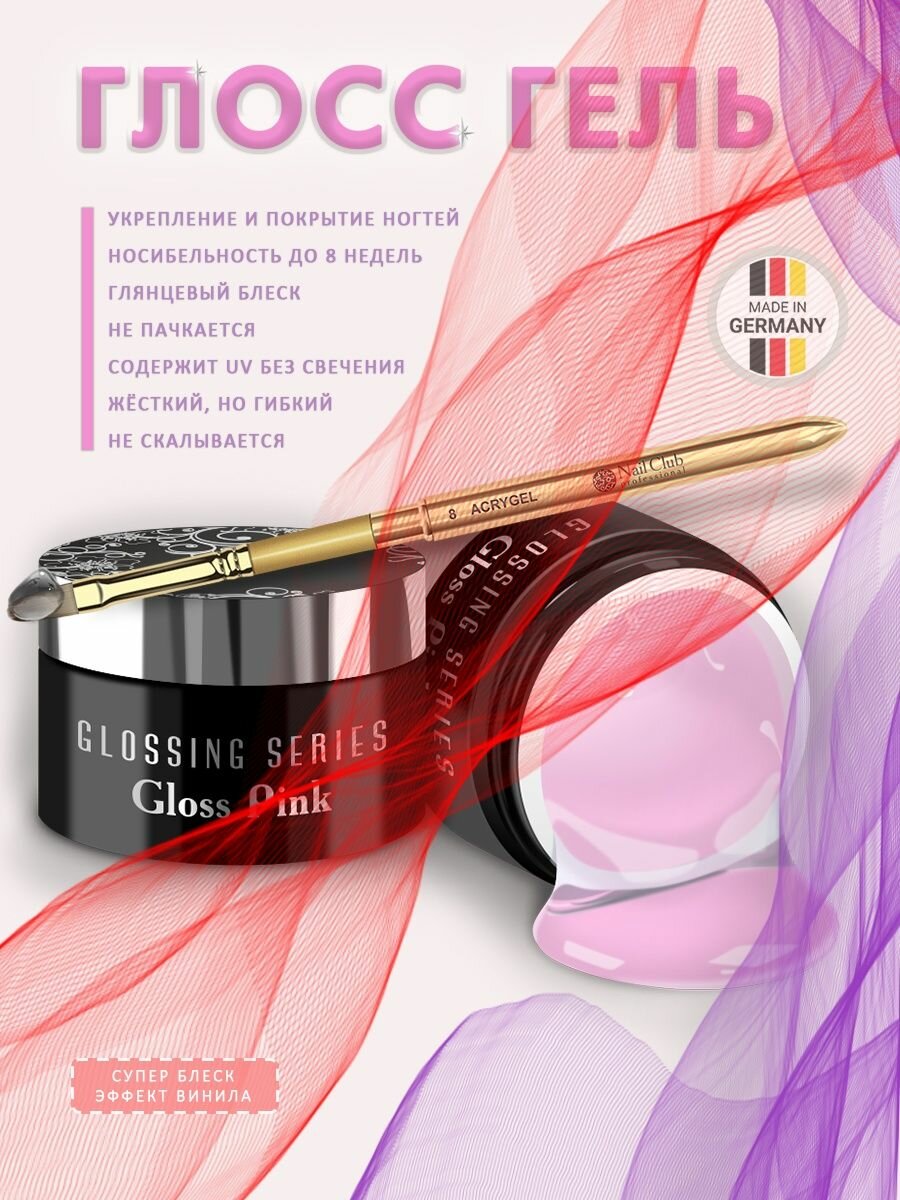 Nail Club Глянцевый топ-гель для покрытия ногтей Gloss Pink, 15 мл
