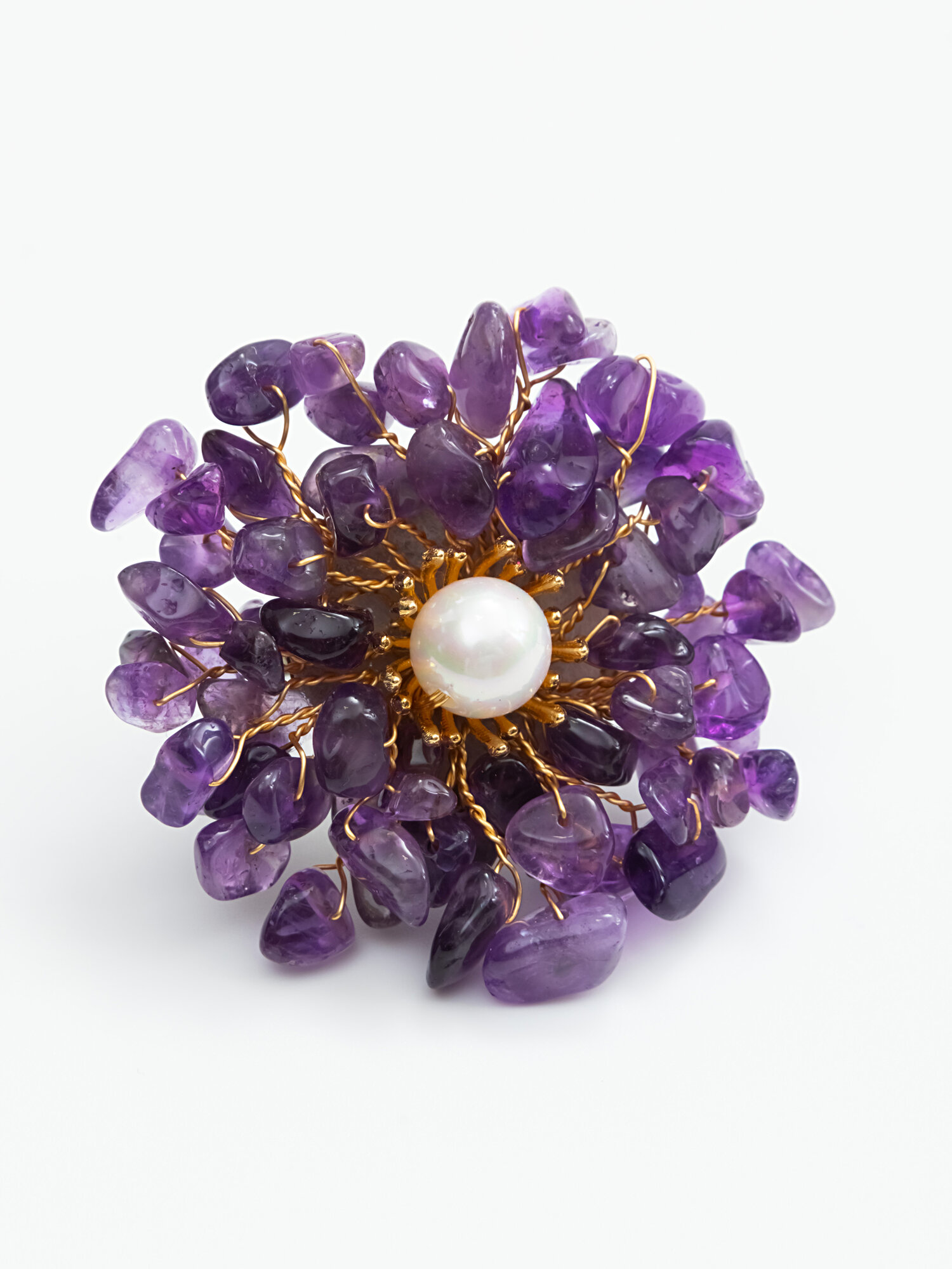 Брошь, жемчуг имитация, аметист