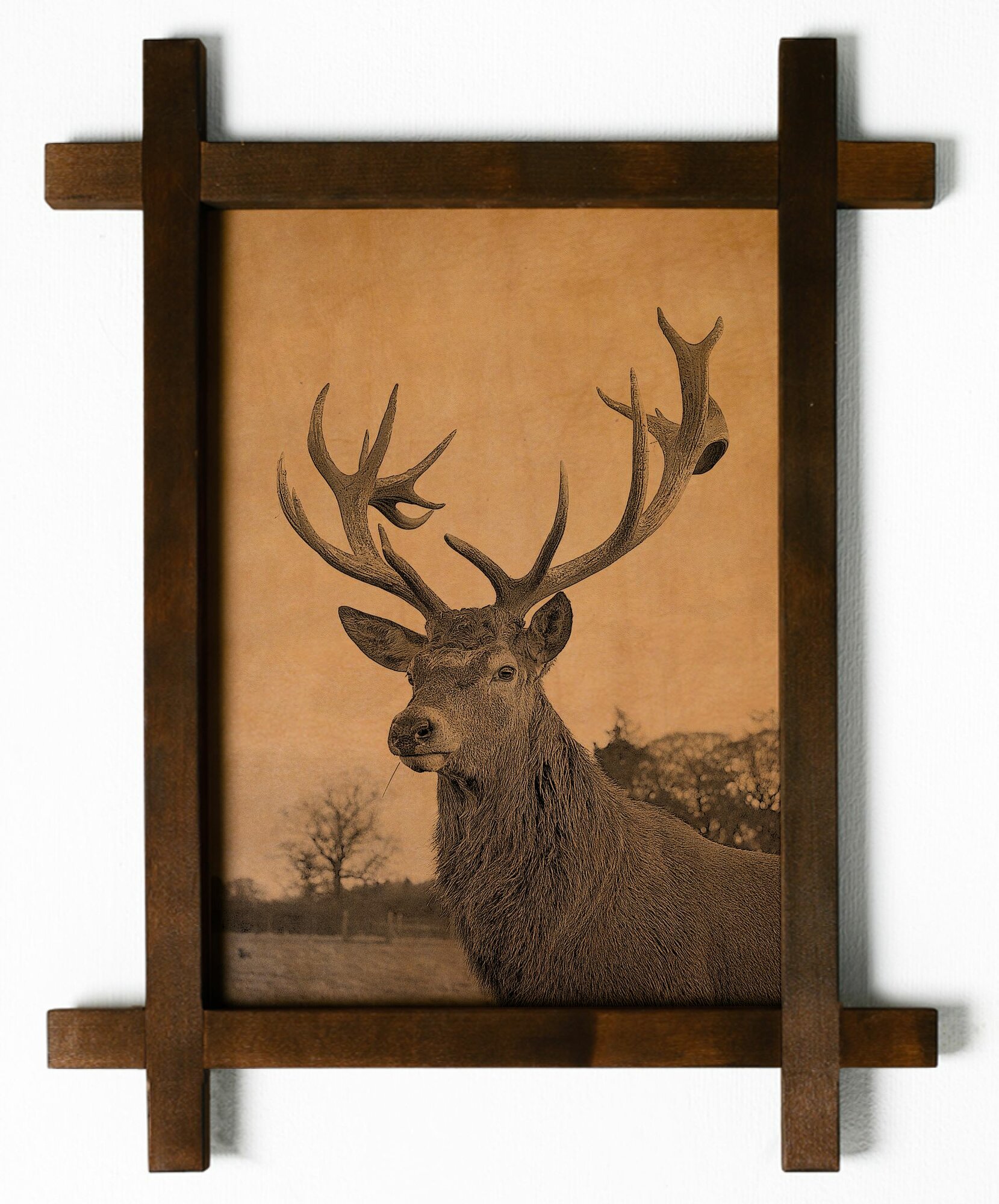 Интерьерная картина из натуральной кожи "Олень", декоративное настенное панно в деревянной раме, BoomGift