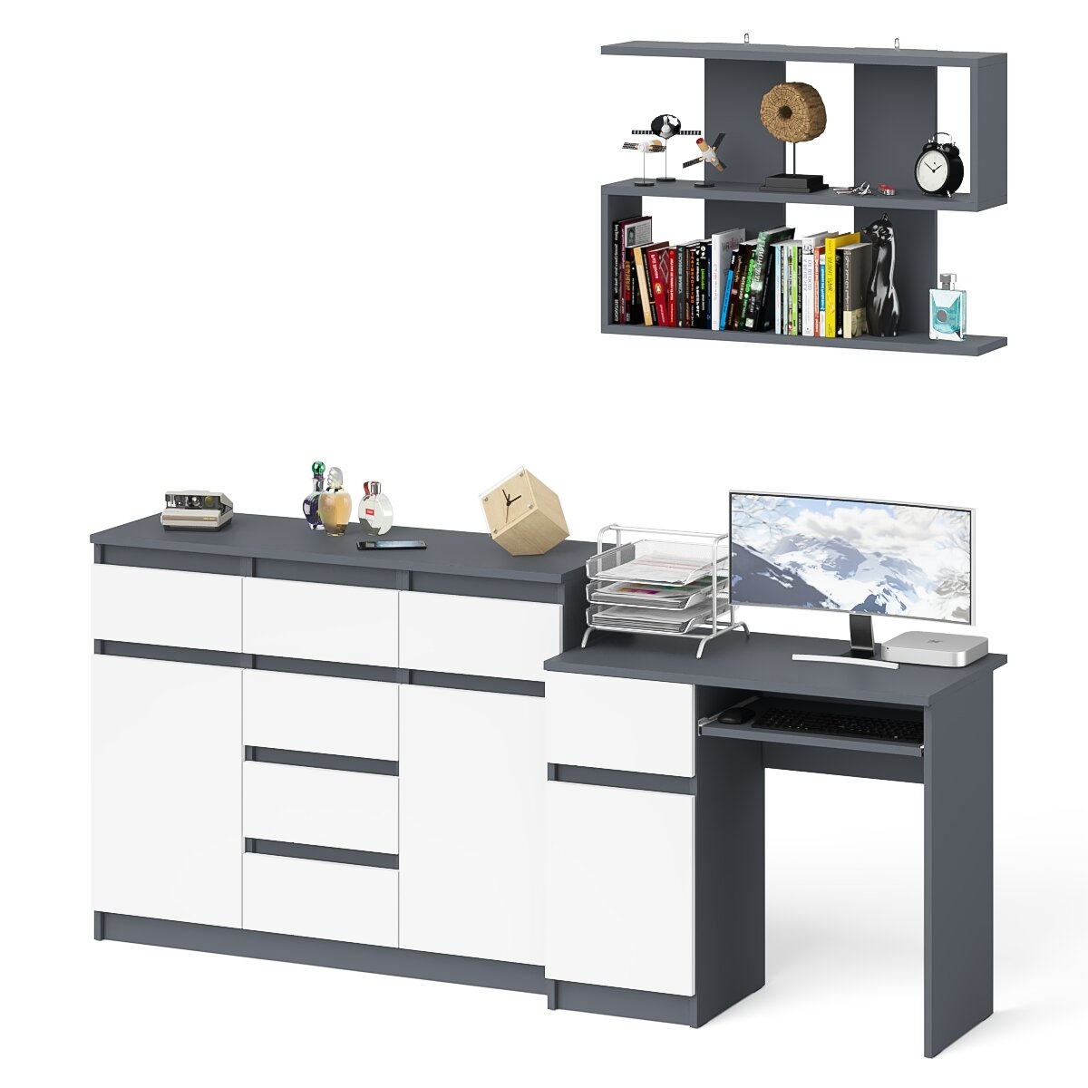 Навесная полка СВК Мори 900 со столом компьютерным левый и комодом цвет графит/белый