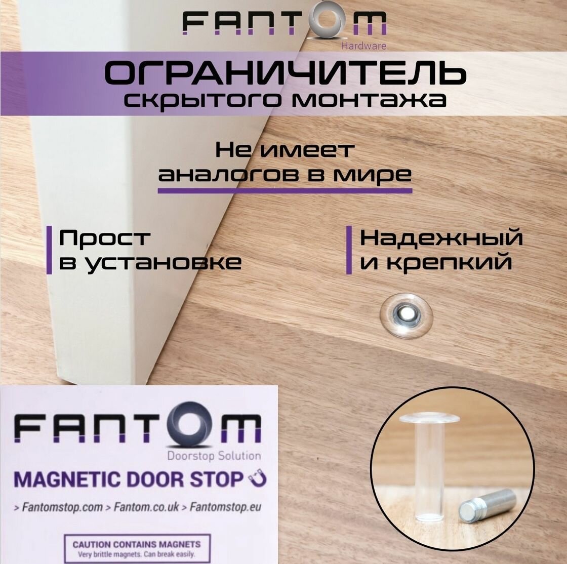 Ограничитель (стоппер/упор) автоматический для двери магнитный скрытого монтажа FANTOM STANDART прозрачный
