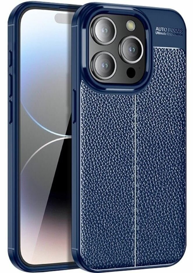 Чехол на iPhone 15 Pro Max силиконовый под кожу синий противоударный