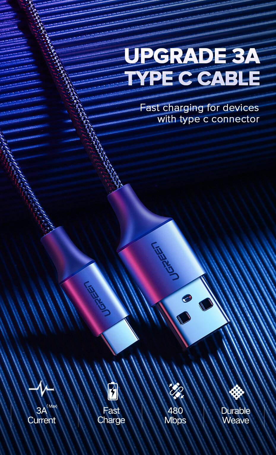 Кабель UGREEN US288 (60125) USB-A 2.0 to USB-C Cable Nickel Plating Aluminum Braid. Длина 0,5 м. Цвет: черный