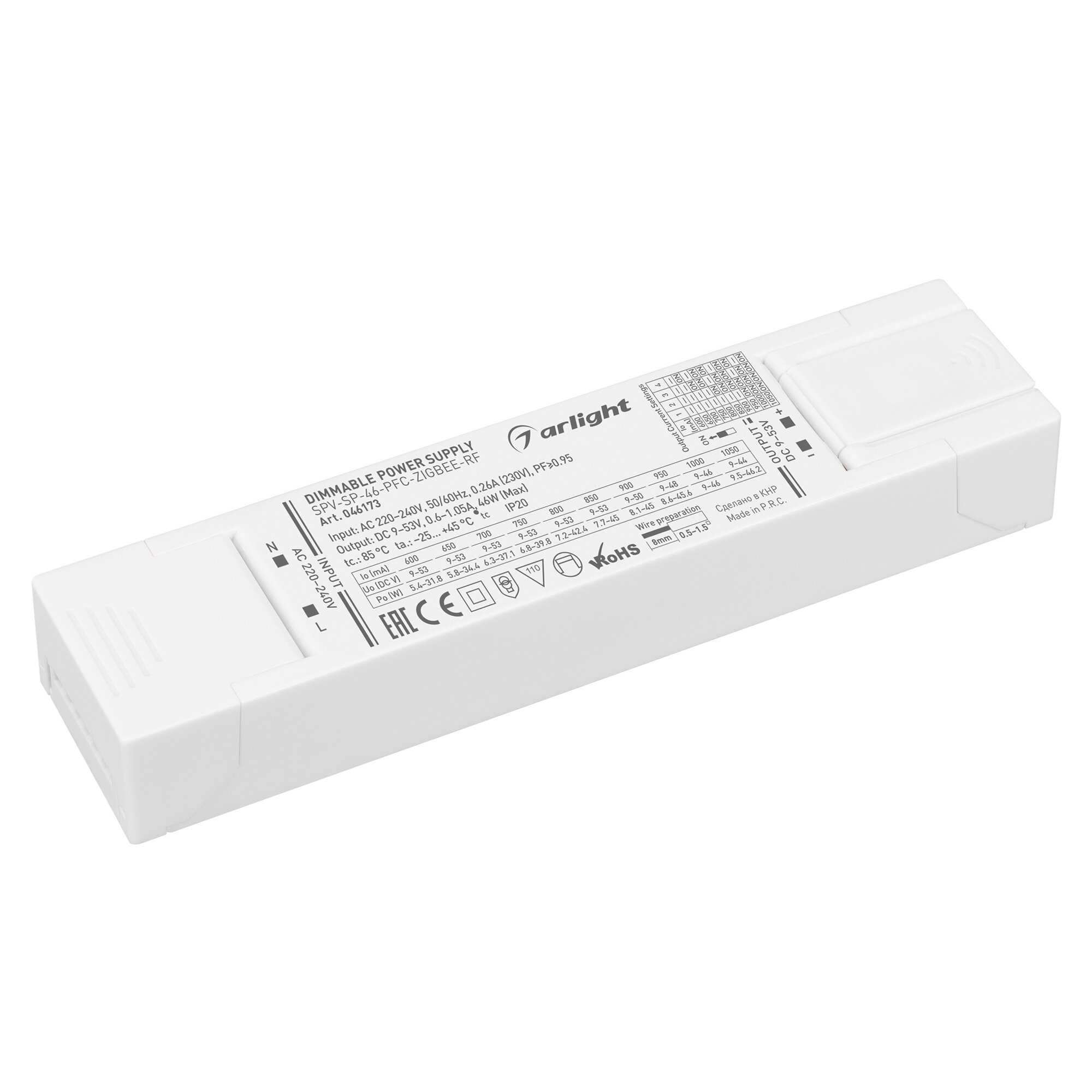 Диммируемый источник тока Arlight Блок питания SPV-SP-46-PFC-ZIGBEE-RF (46W, 9-53V, 0.6-1.05A, 2.4GHz) (Arlight, IP20 Пластик, 5 лет)