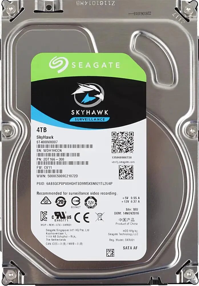 Жесткий диск Seagate Skyhawk ST4000VX007, 4ТБ, HDD, SATA III, 3.5 ...