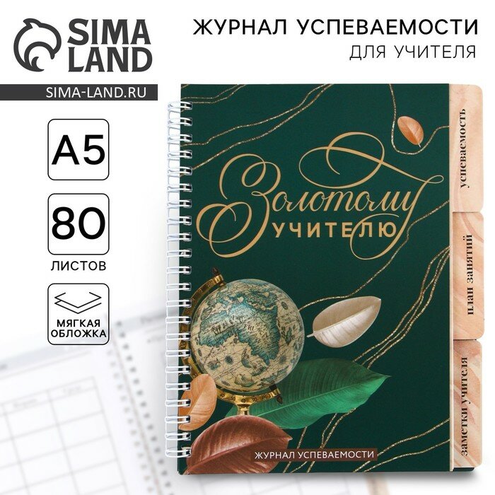 Журнал успеваемости на год, А5, 80 л, мягкая обложка «Золотому учителю»