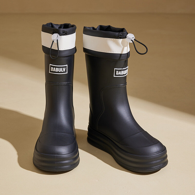 Летние полусапожки, модные резиновые сапоги, женские резиновые сапоги со шнурком и подгибкой, для улицы, для кухни, работы, резиновая обувь из ПВХ, водонепроницаемая обувь плюс бархат
