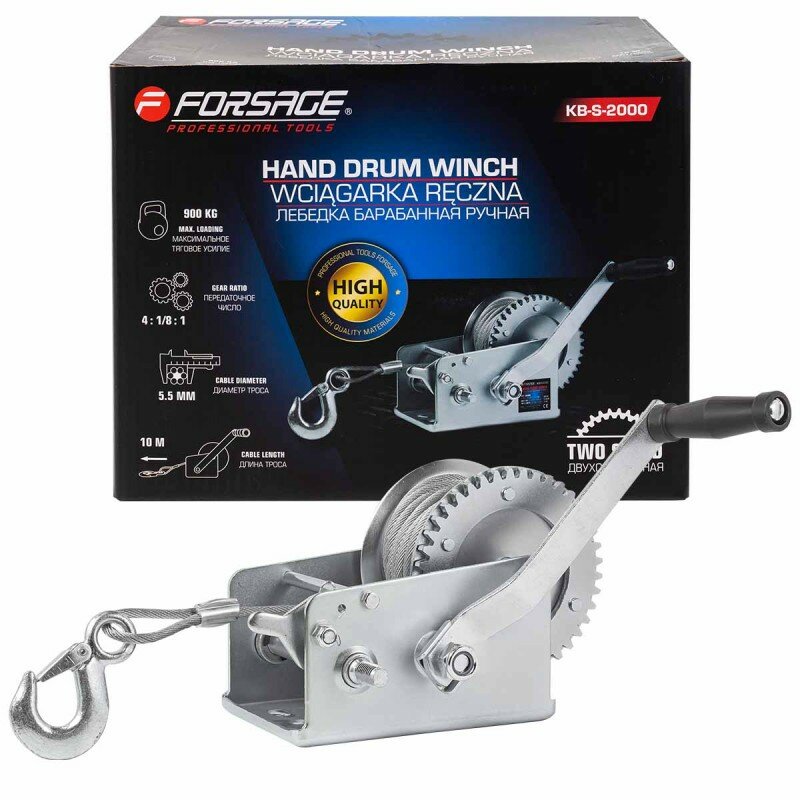 Лебедка ручная барабанная, 900кг (диаметр троса-5мм, длина 10м) Forsage