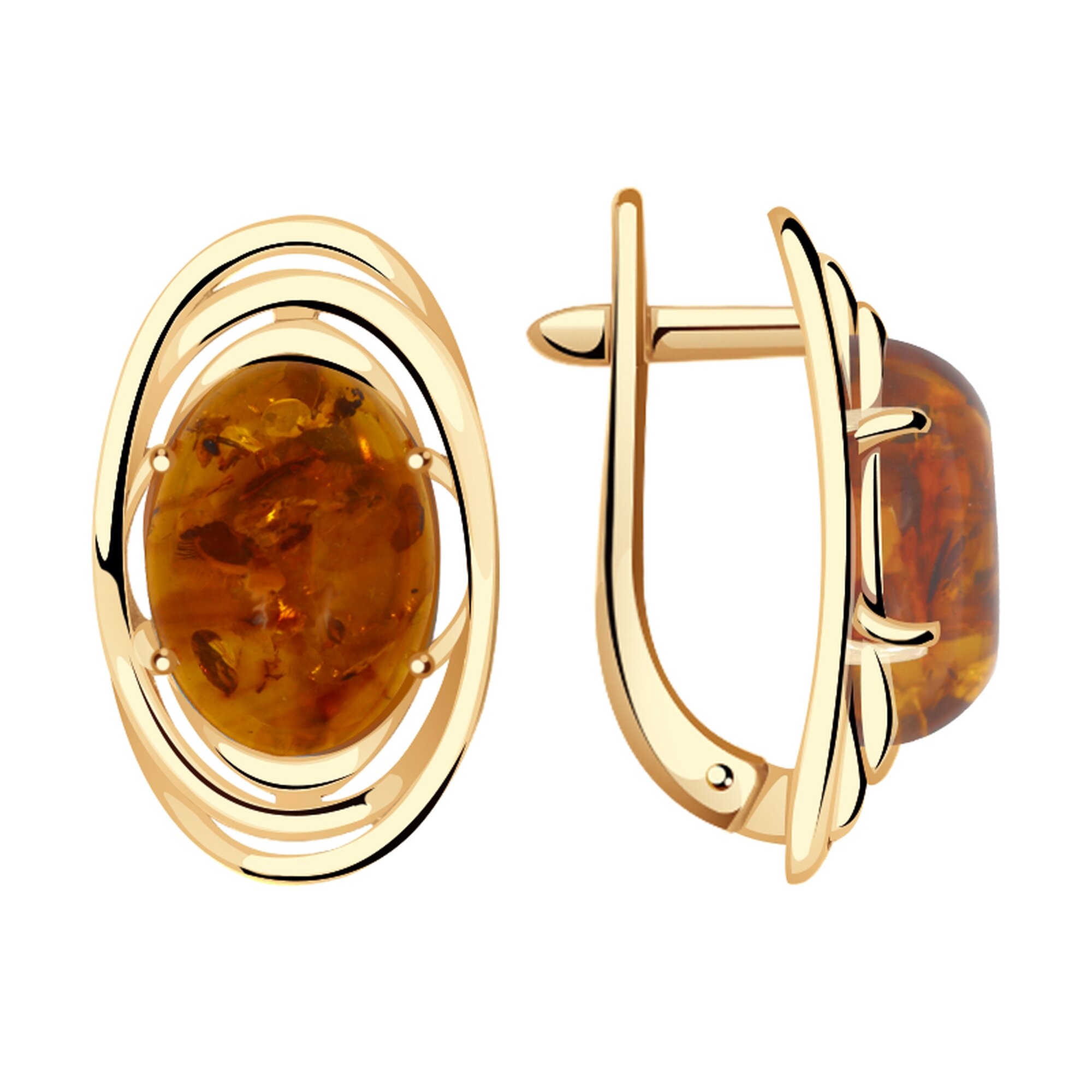 Серьги, красное золото, 585 проба, янтарь