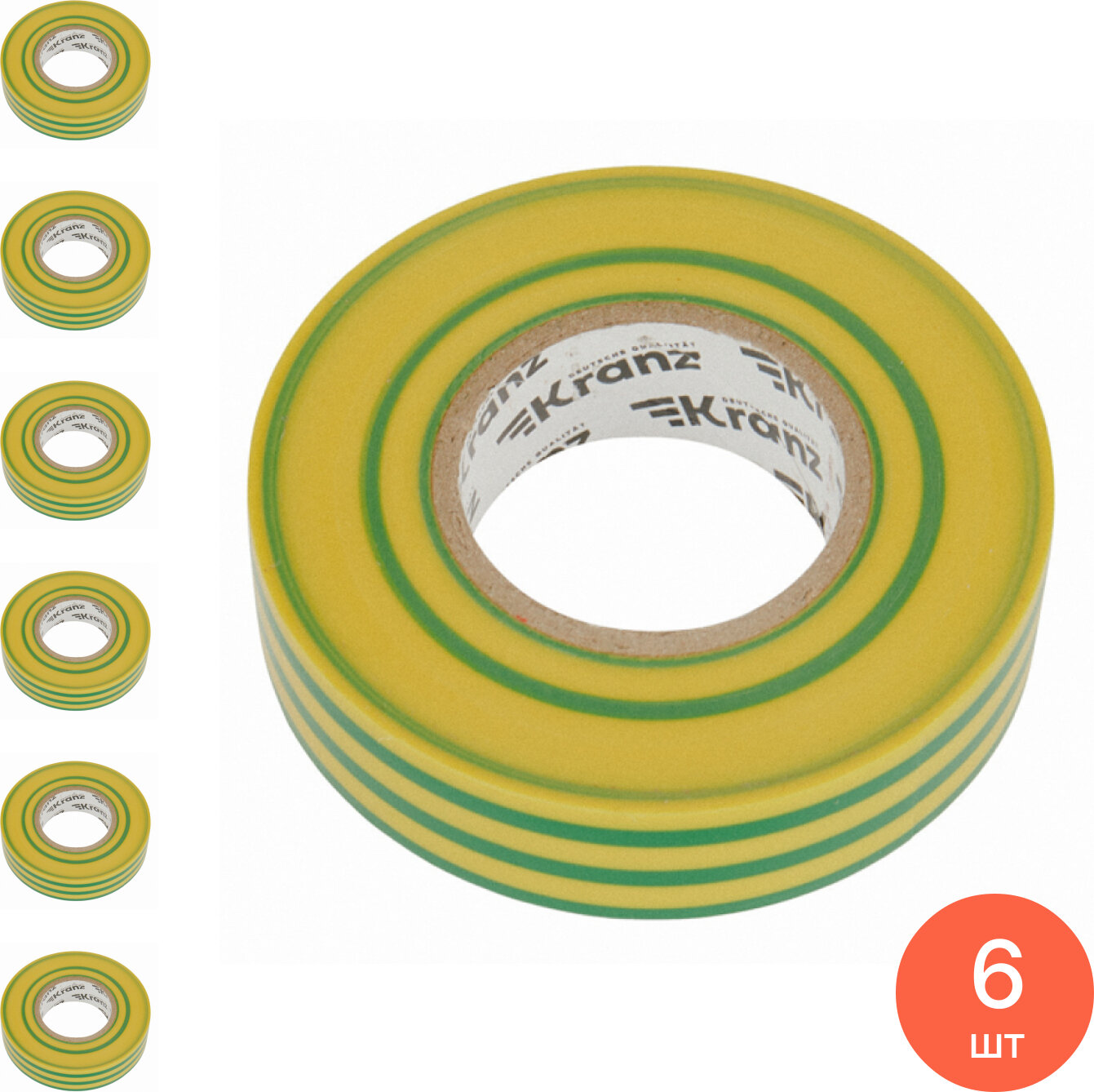 Изолента ПВХ Kranz / Кранз профессиональная, 0.18х19мм, желто-зеленая 20м, KR-09-2807 / защитная лента (комплект из 6 шт)