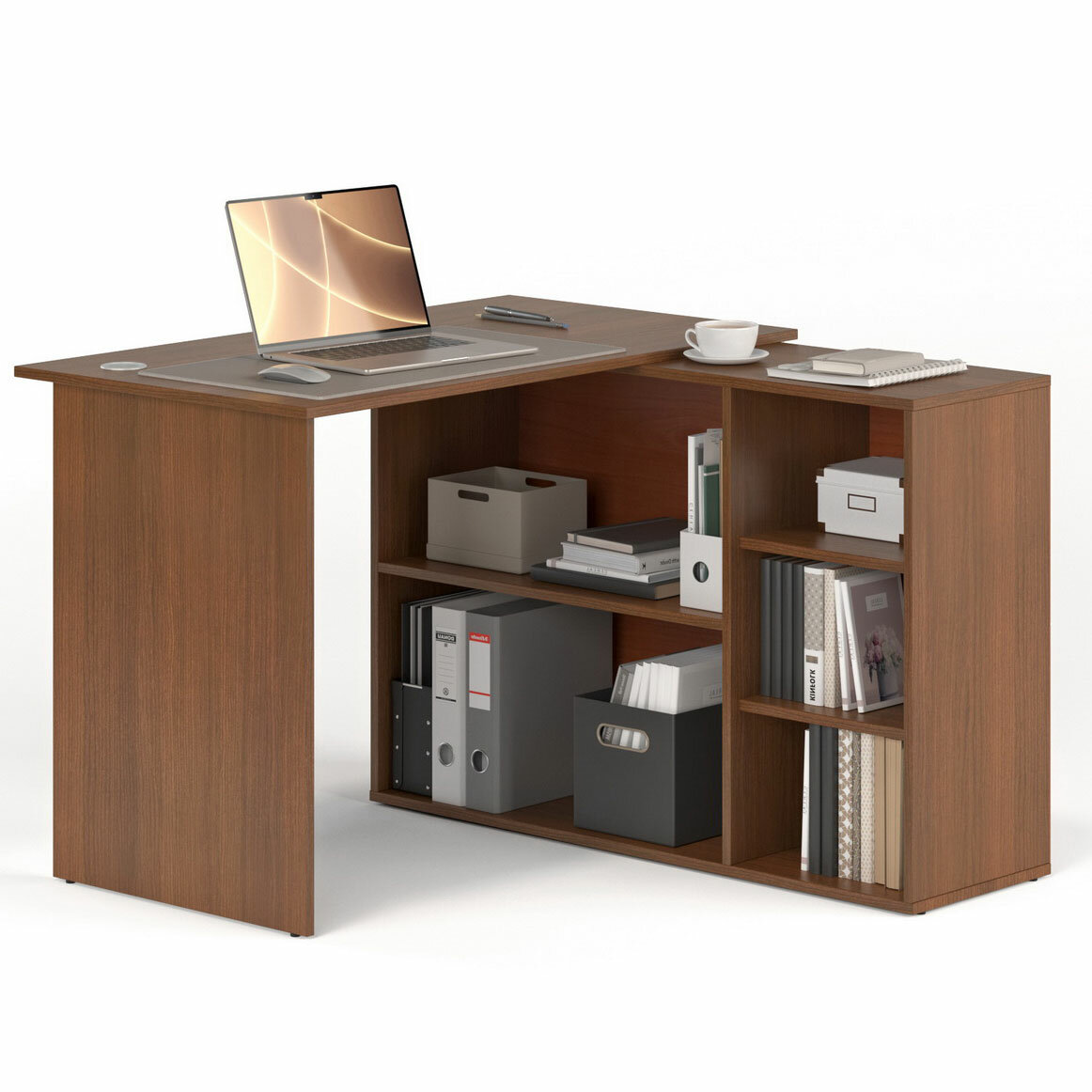 Письменный стол с поворотной тумбой с полочками (тумба справа) МагМебель №94 орех