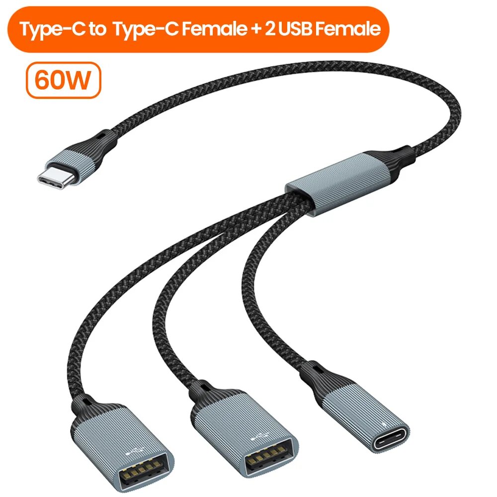 PD 60 Вт USB C Многопортовый адаптер Кабель для быстрой зарядки Type-C «папа» к USB + тип C «мама» Разветвитель OTG Разъем для передачи данных 1 C and 2 USB Female