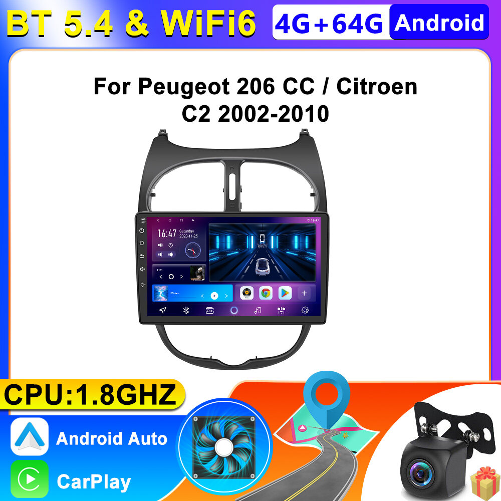 Магнитола 4-64 Гб Android для Peugeot 206 1998-2012 / Автомагнитола Андроид Пежо 206