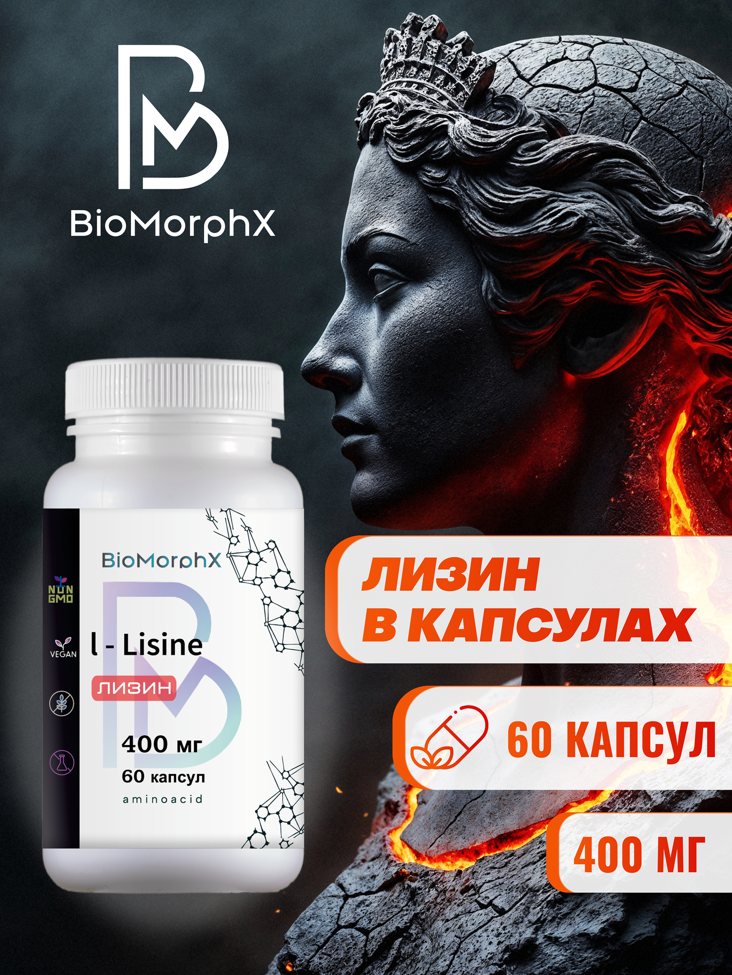 L-Lisine Лизин аминокислота 400 мг 60 капсул от BioMorphX