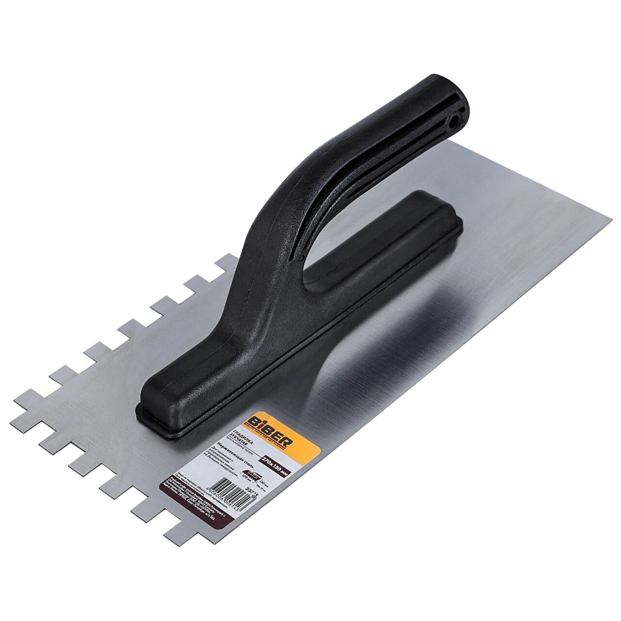 Бибер гладилка стальная 130x270 мм с зубьями 10x10 мм для выравнивания поверхности