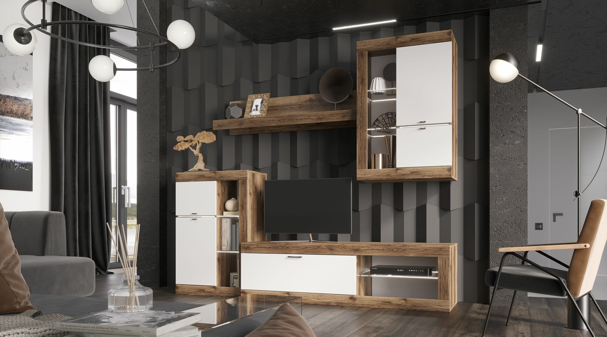 Комплект мебели для гостиной Прага (комп 46) Дуб Делано/Белый гладкий