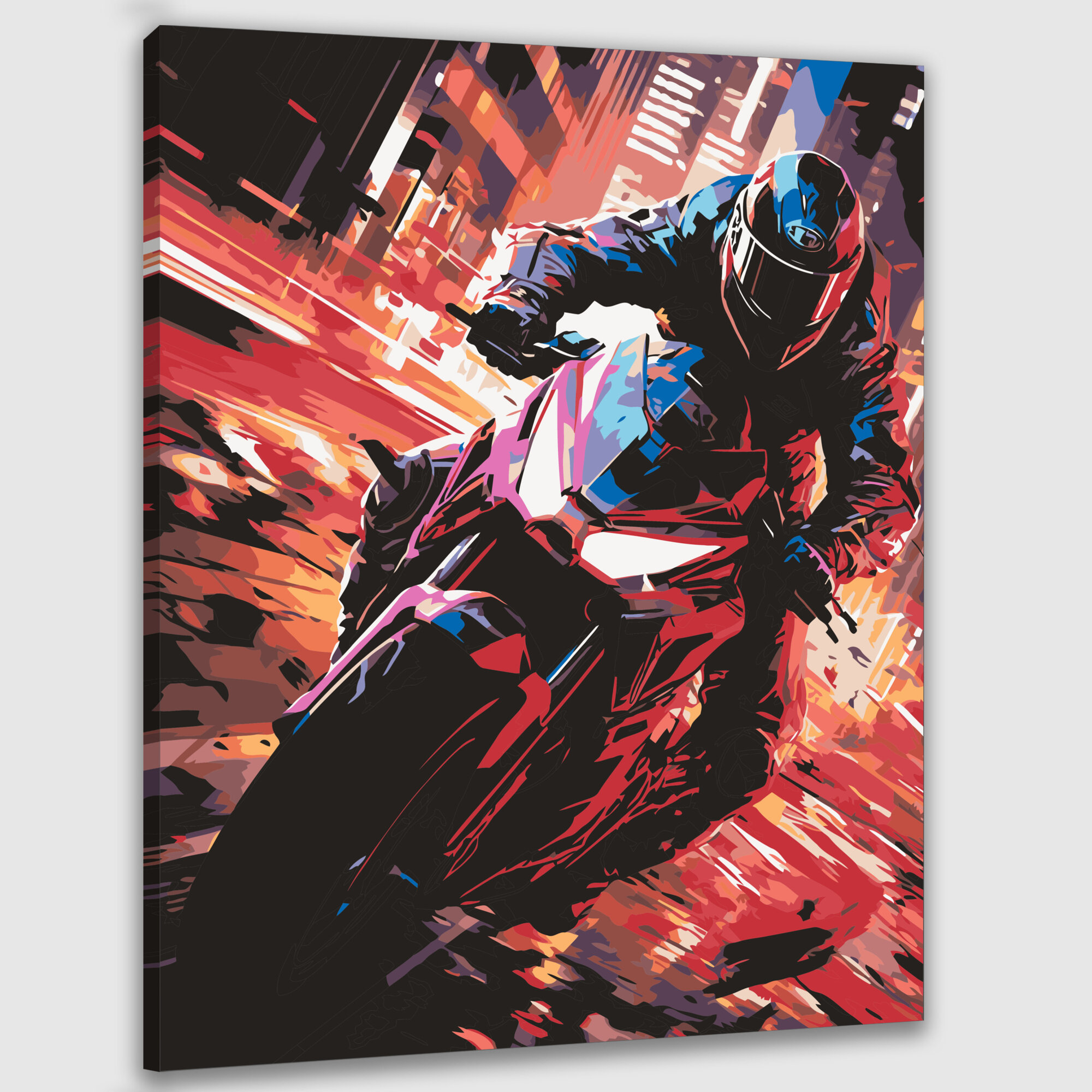 Картина по номерам 40x50 см, футуристический мотоцикл, ночной городской пейзаж, неоновые огни, гонщик