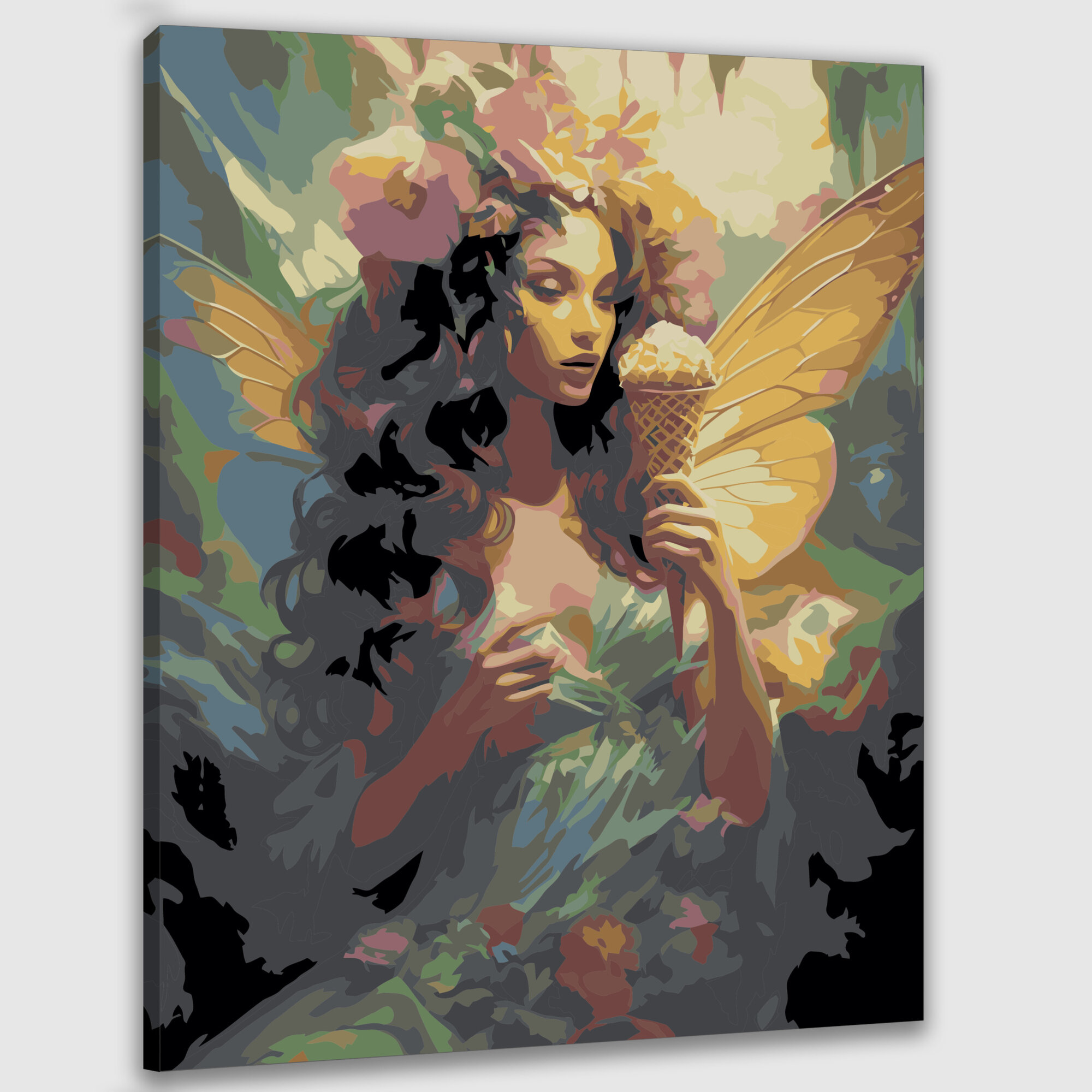 Картина по номерам 40x50 см, фея, радужные крылья, мороженое, сад, цветы, колибри