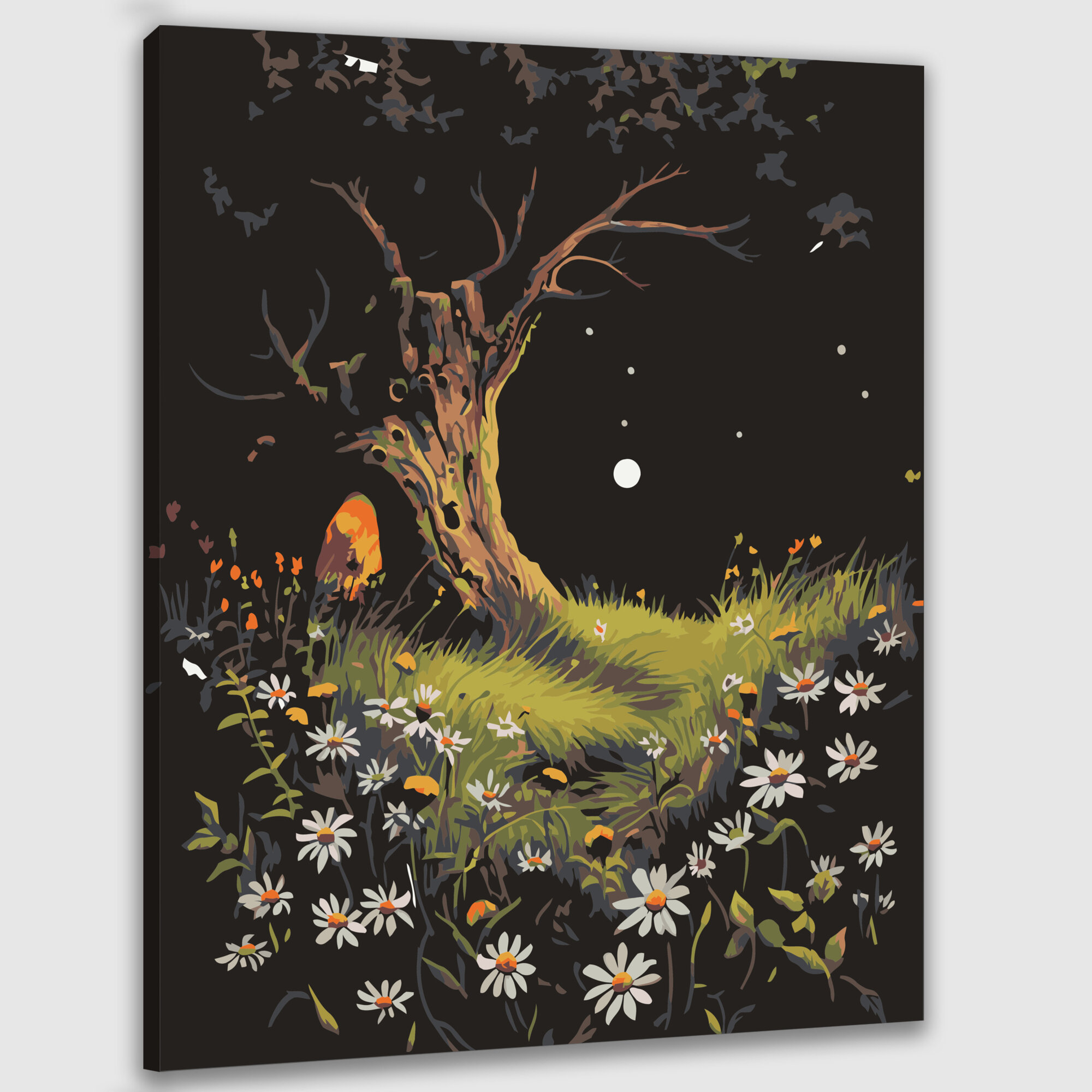 Картина по номерам 40x50 см, акриловая картина, енот, берлога, дупло ствола, старое дерево, полевые цветы, ночное небо