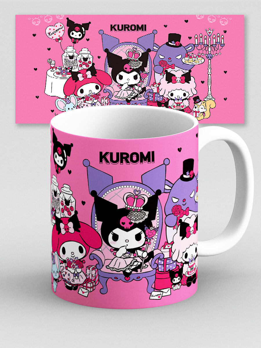 Кружка с приколом Куроми Kuromi Hello Kitty Хеллоу Китти на фоне фуксия