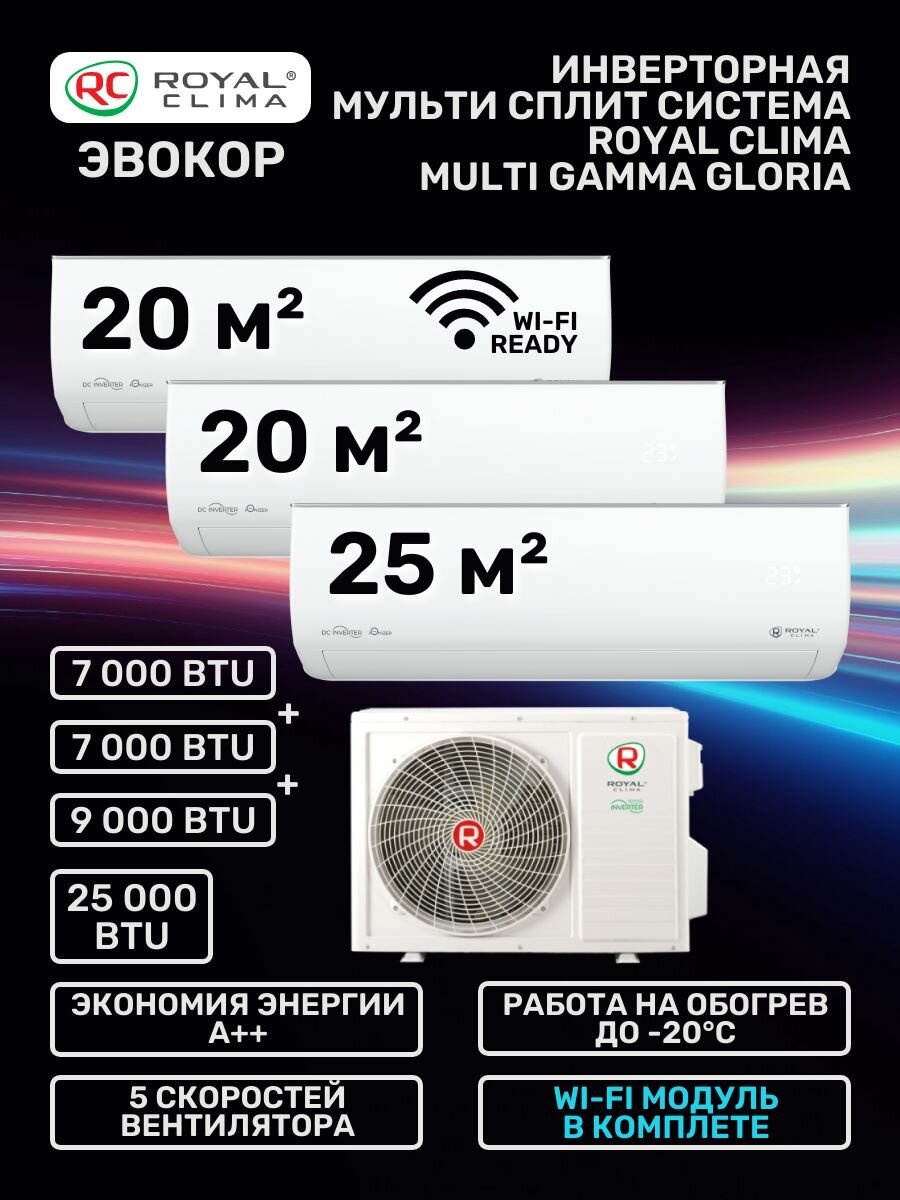 Инверторная мульти сплит-система ROYAL CLIMA MULTI GAMMA GLORIA на 3 комнаты (20м2 + 20м2 + 25м2) 3TFM-25HN/OUT + 2* RCI-GLD07HN + RCI-GLD09HN