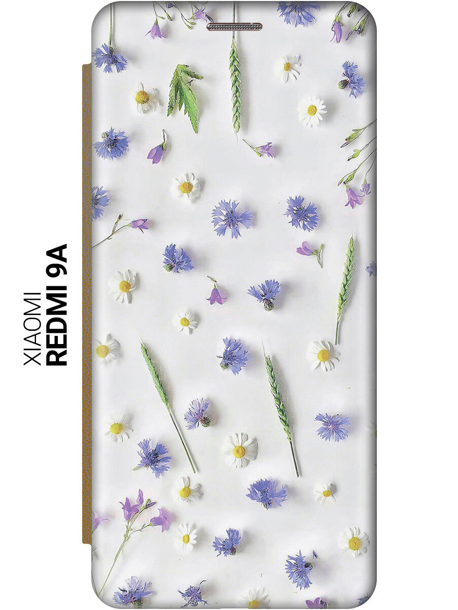 Чехол-книжка на Xiaomi Redmi 9A / Сяоми Редми 9А с рисунком "Ромашки и колоски" черный