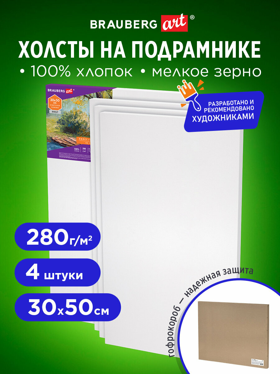 Холсты на подрамнике в коробе, Комплект 4 шт. (30х50 см), 280 г/м2, грунт, 100% хлопок, Brauberg Art Debut, 880356