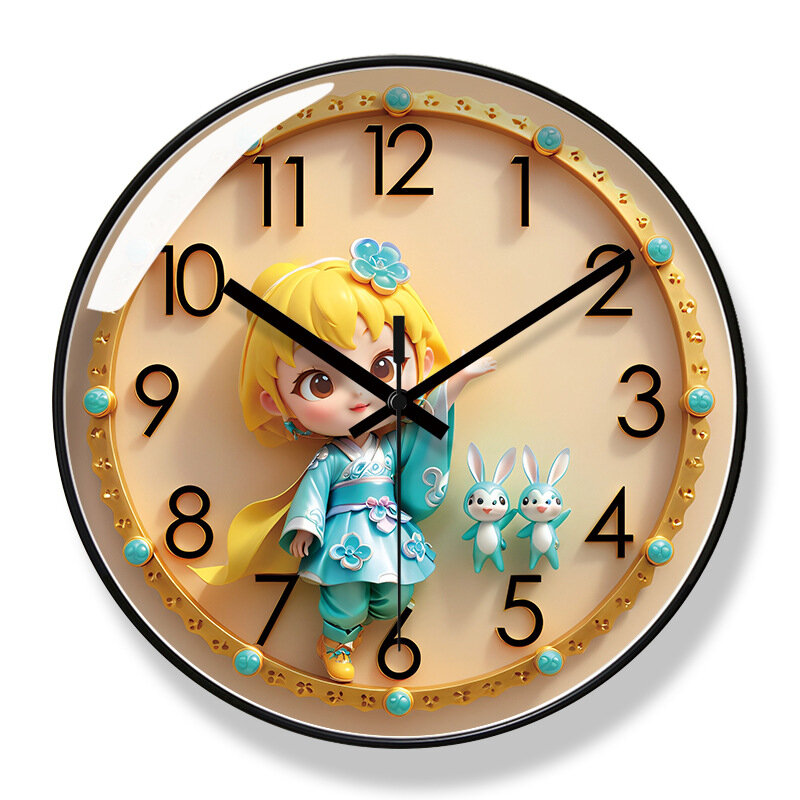 Милые настенные часы с мультяшной девочкой, бесшумные кварцевые часы с кроликами, циферблат из ПВХ 30 см, современные декоративные часы для гостиной, спальни, детской комнаты — работают от батареек