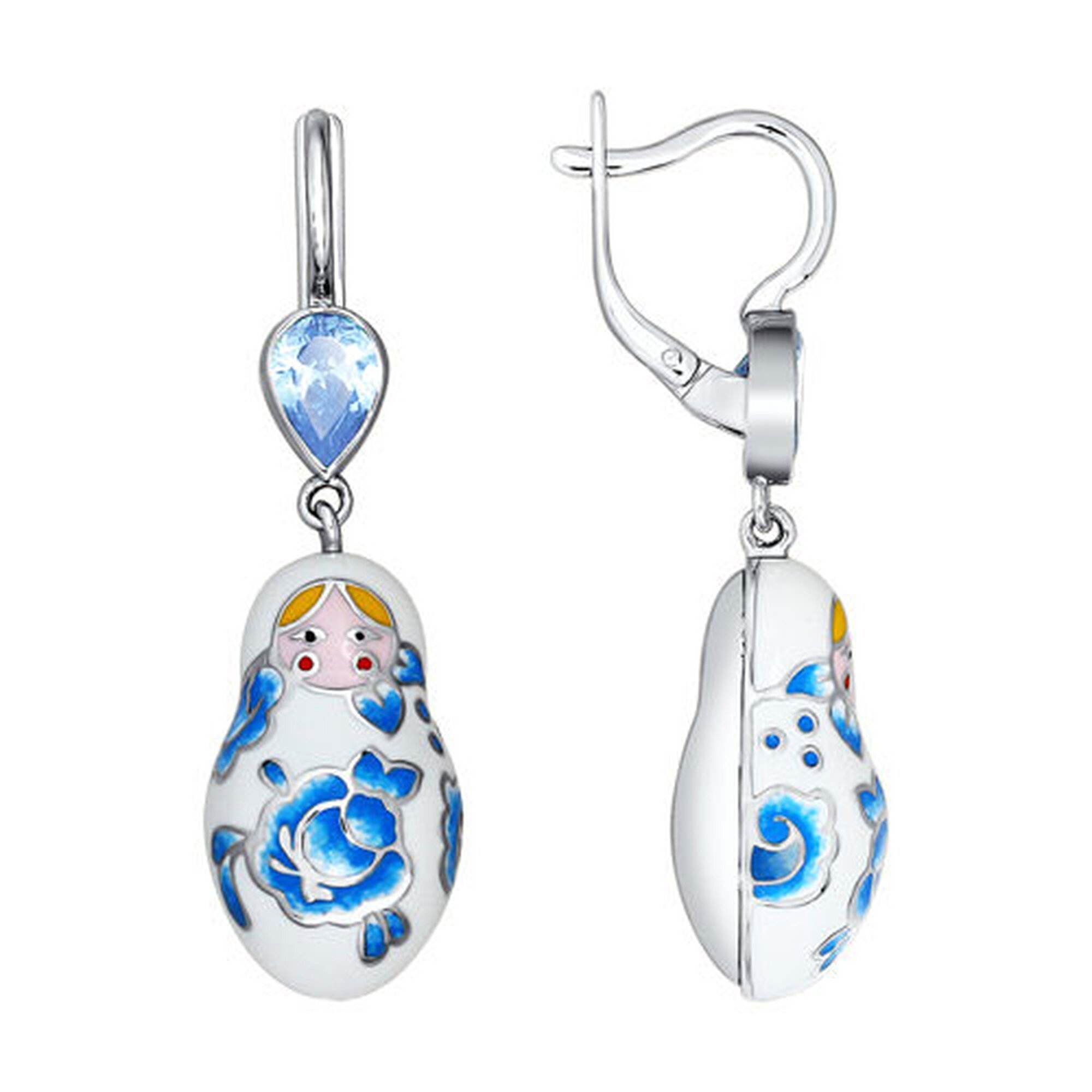 Серьги, серебро, 925 проба, родирование, эмаль, фианит