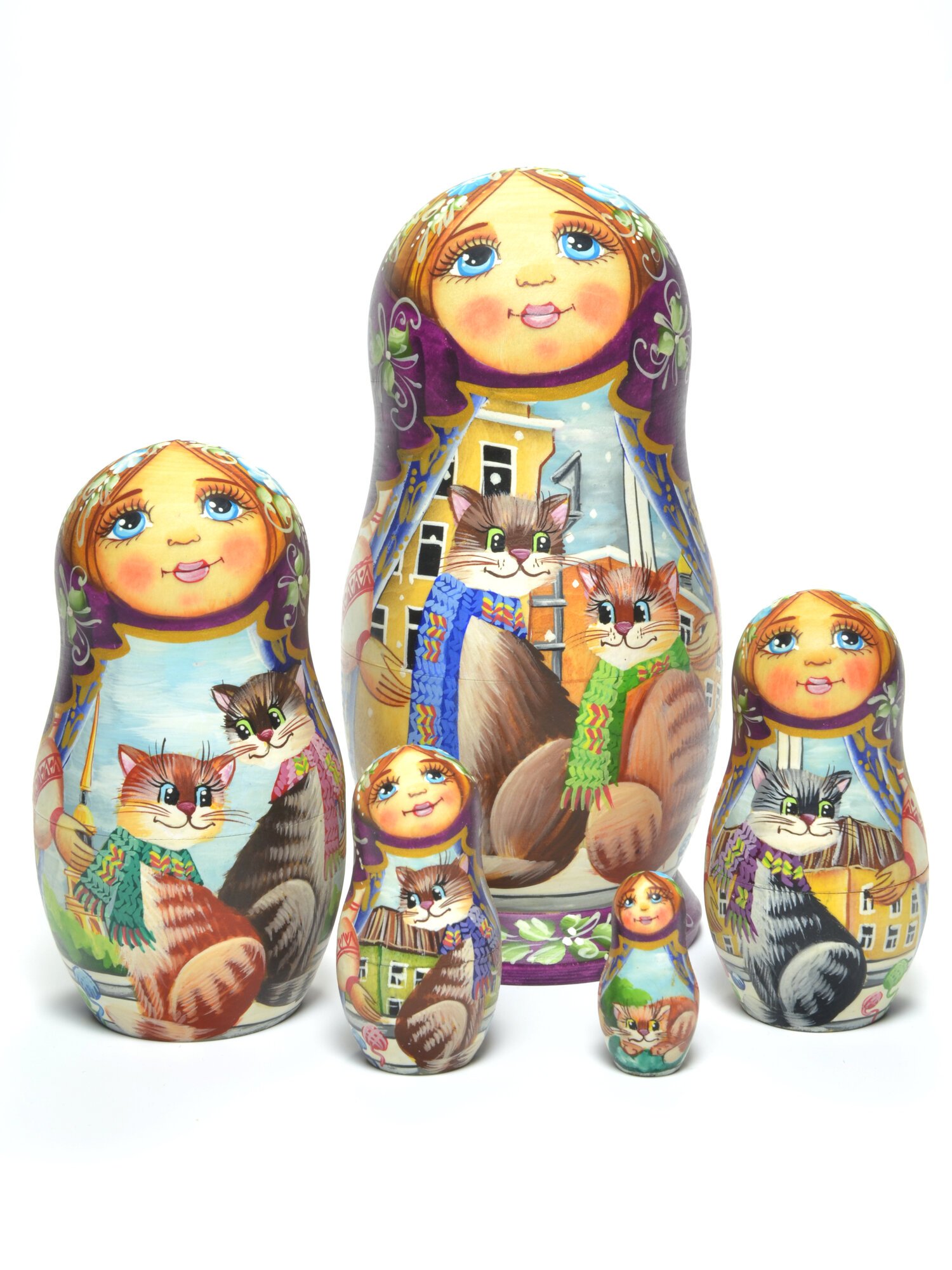 Матрешка "Петербургские коты". Авторская роспись. 5 кукол. Высота 18 см.