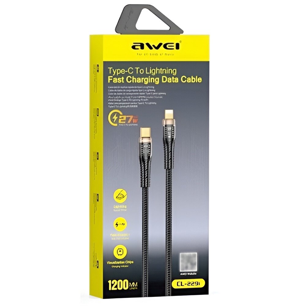 Кабель Awei CL-229i, Lightning-USB Type-C, быстрая зарядка до 27 Вт, чёрный — фото 1