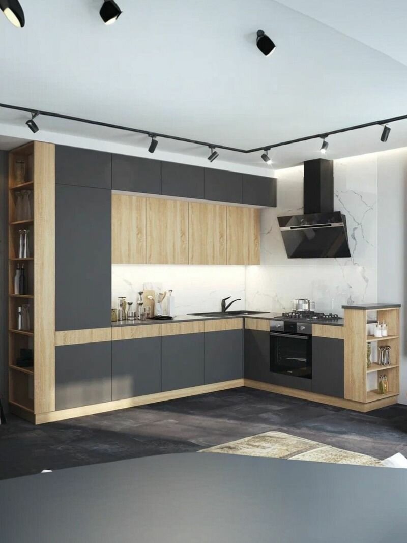 Кухонный гарнитур угловой Техно-5 3,2х2,4м графит софт/дуб сонома со столешницей миф