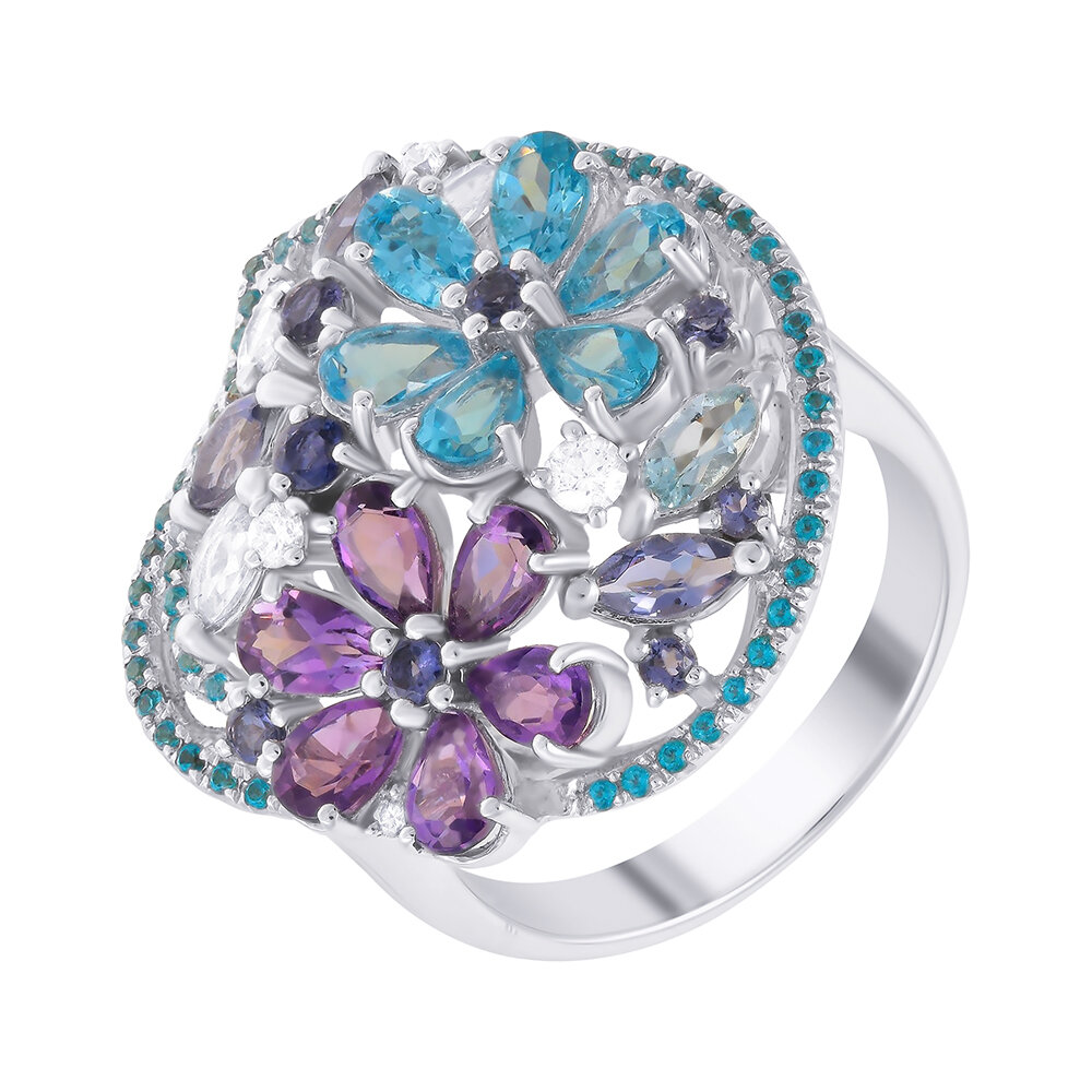 Кольцо, белое золото, 585 проба, бриллиант, топаз, аквамарин, иолит, аметист