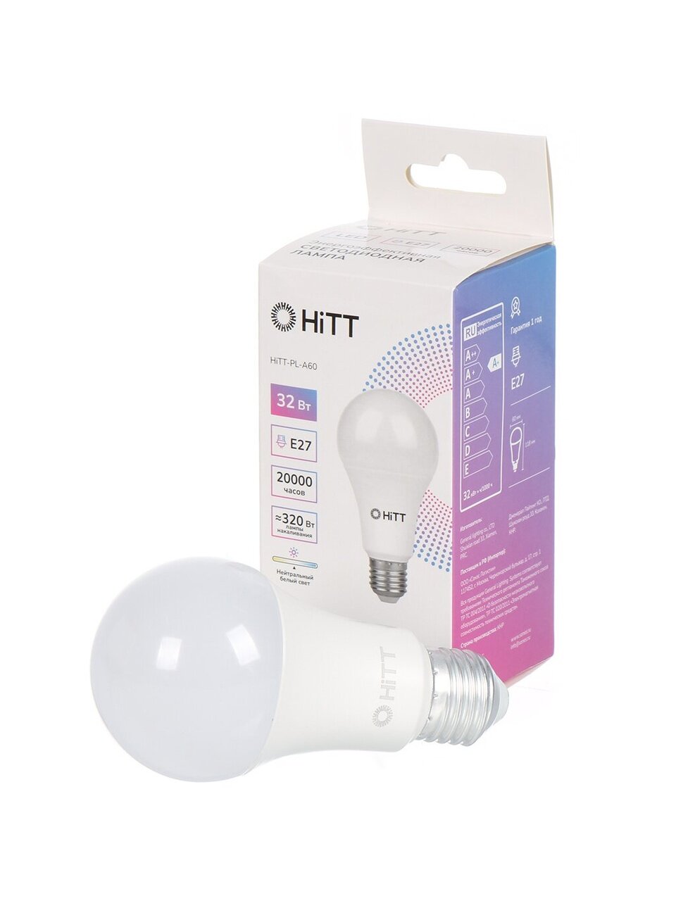 Лампа светодиодная E27, 32 Вт, 320 Вт, 230 В, груша, 4000 К, свет нейтральный белый, HiTT, HiTT-PL-A60