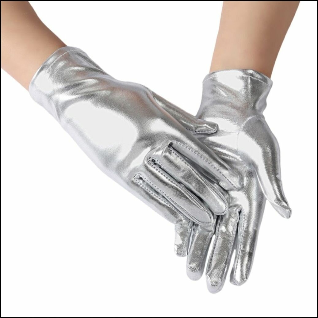 Эксклюзивные короткие перчатки серебро из лакированной кожи