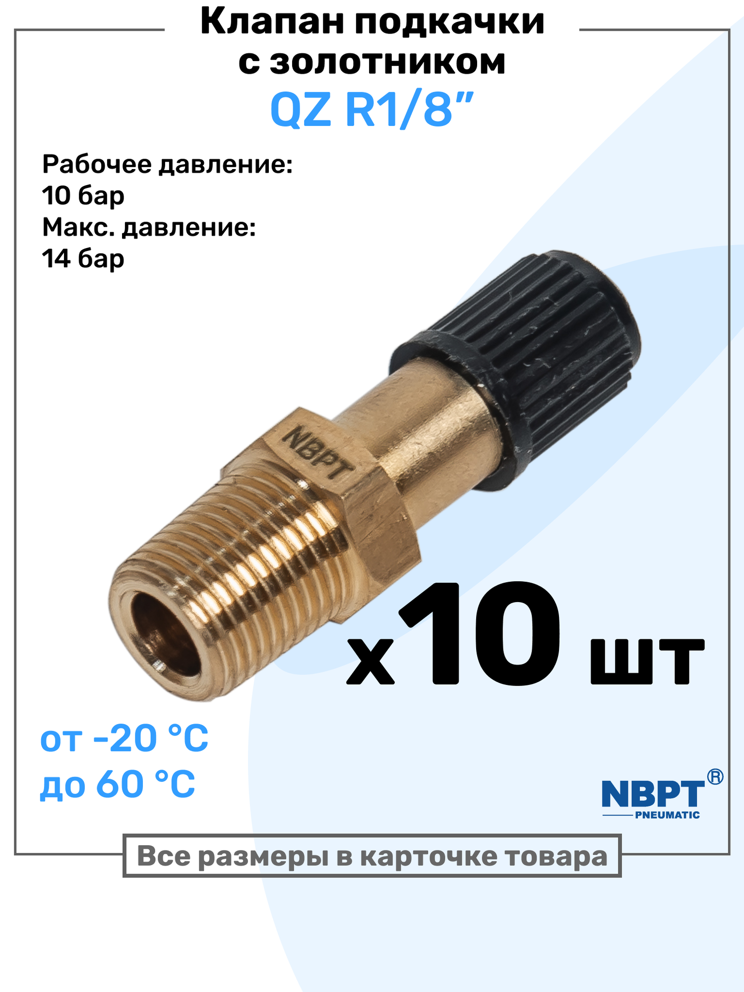 Клапан подкачки QZ 01 - R1/8", Ниппель с золотником, штуцер для подкачки, NBPT, Набор 10шт