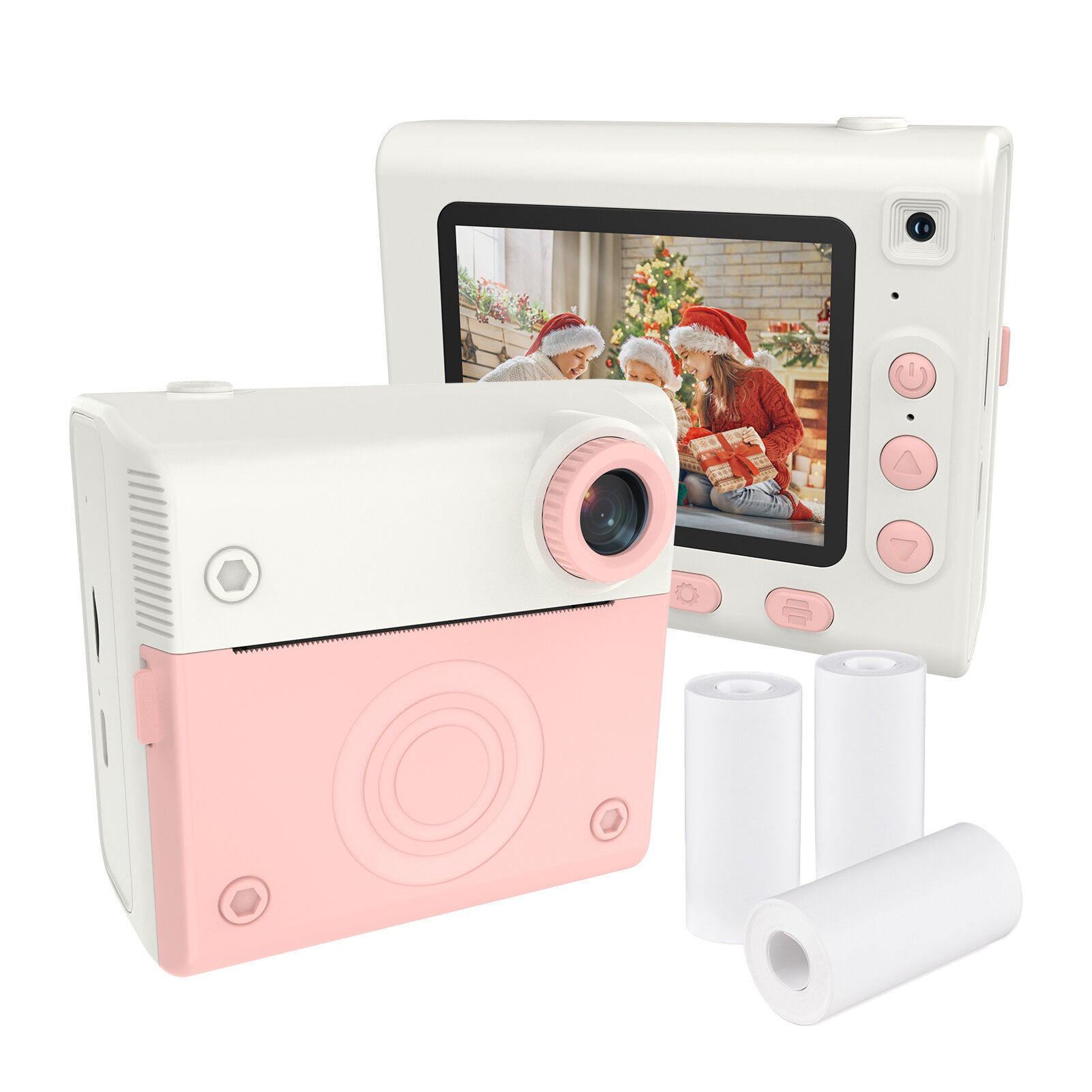 Детская камера с мгновенной печатью Kids Digital Camera 1080P с двойной линзой экран IPS 2.8 дюйма встроенная батарея рамки для фотографий 3 рулона термопaper ремень для шеи Розовый Синий