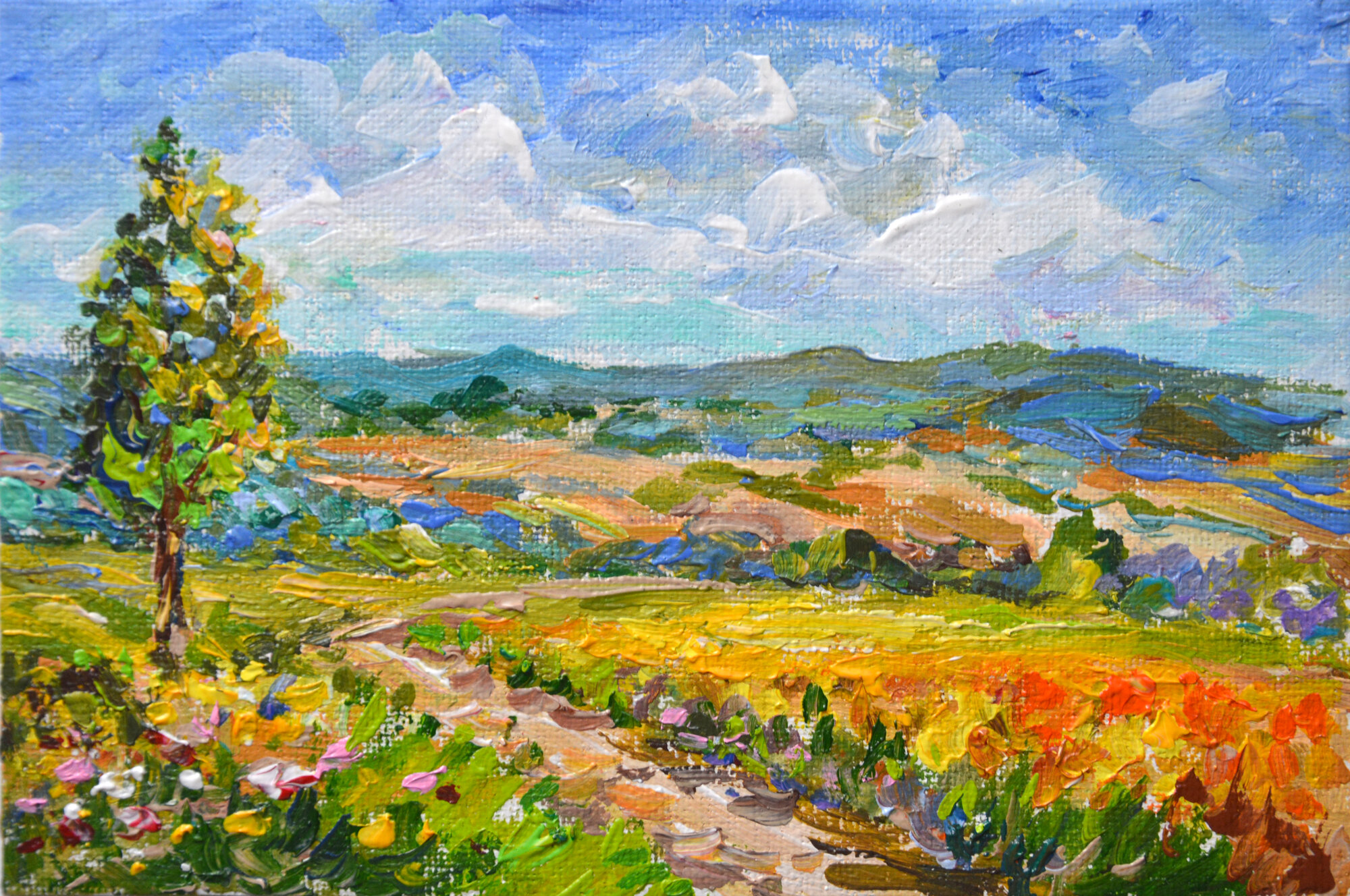 Картина магнитная "Пейзаж с одиноким деревом" 10х15 см, картон/масло, ручная работа