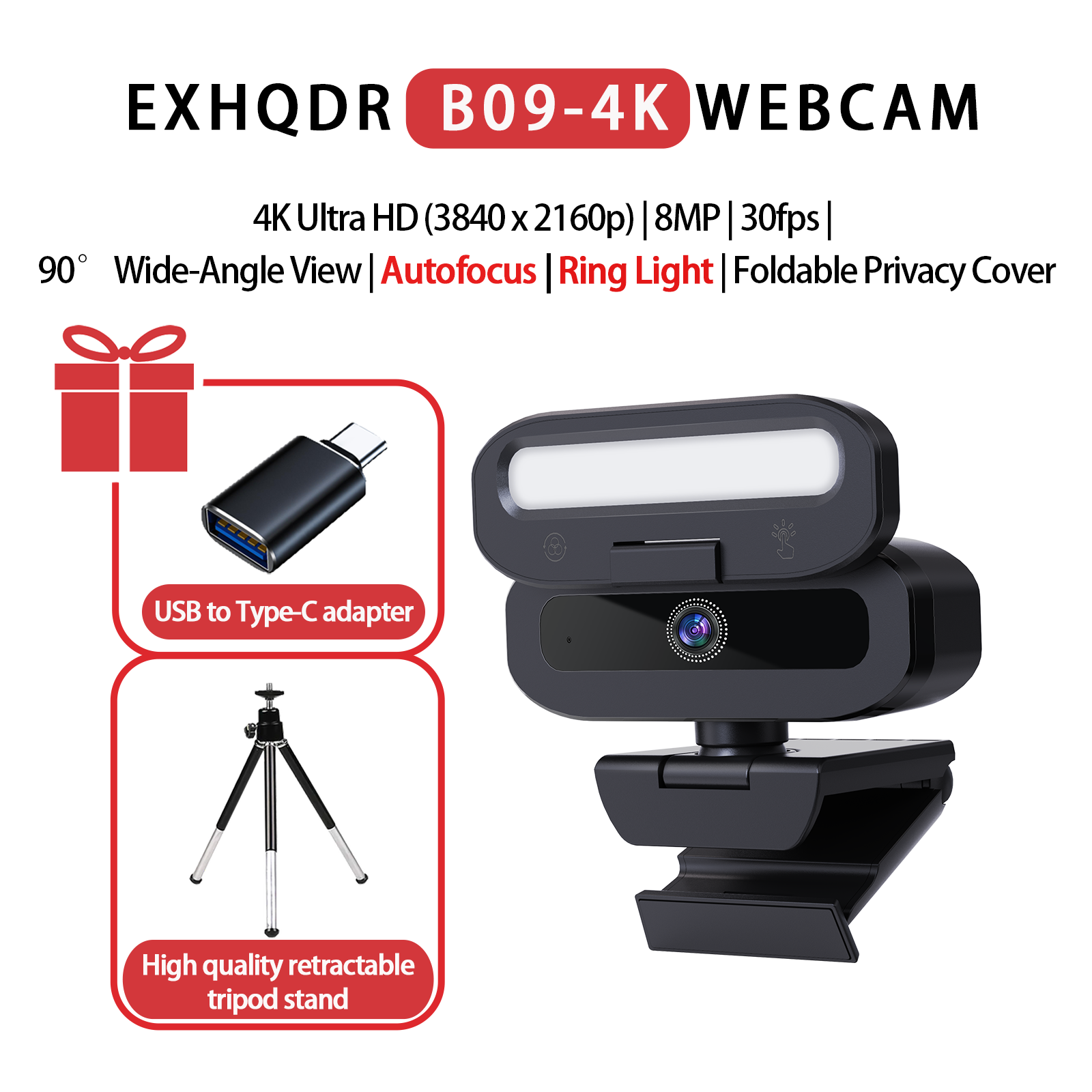 EXHQDR B09-4K Веб-камера 4K с защитной шторкой и подсветкой — USB 3.0, автоФокус, регулируемая подставка