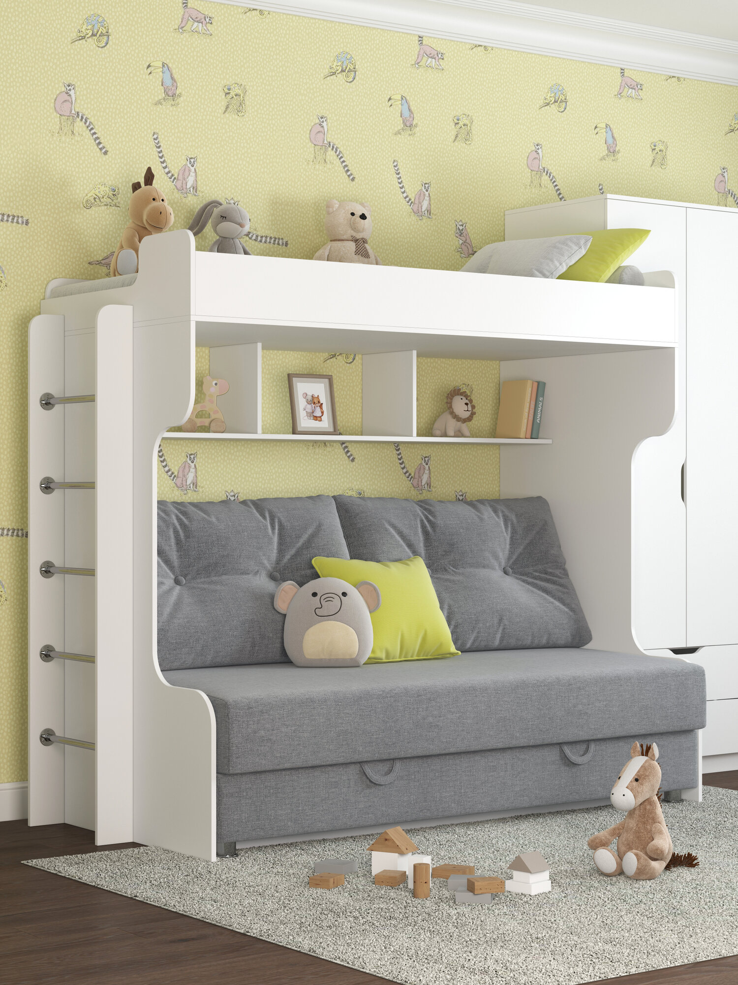 Есэндвич Альпика Кровать двухъярусная с диваном (Белый/Savana Plus Mouse) 205х104х195 см