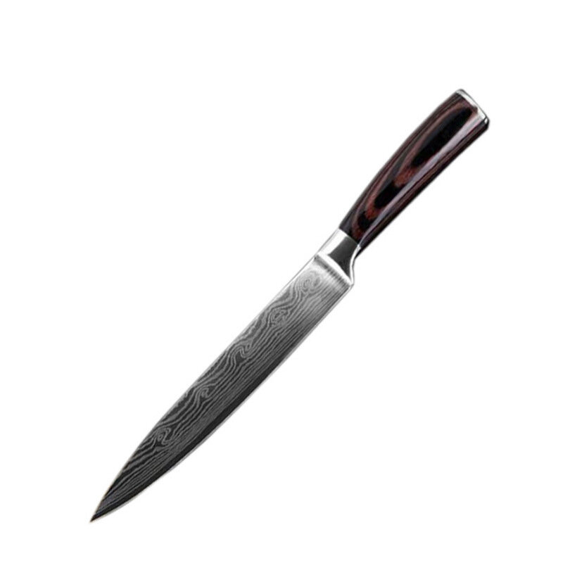 Набор кухонных ножей шеф-повара с дамасским узором, из нержавеющей стали, для нарезки мяса, нож сантоку с цветной деревянной рукояткой, лазерная гравировка, мастерское исполнение.